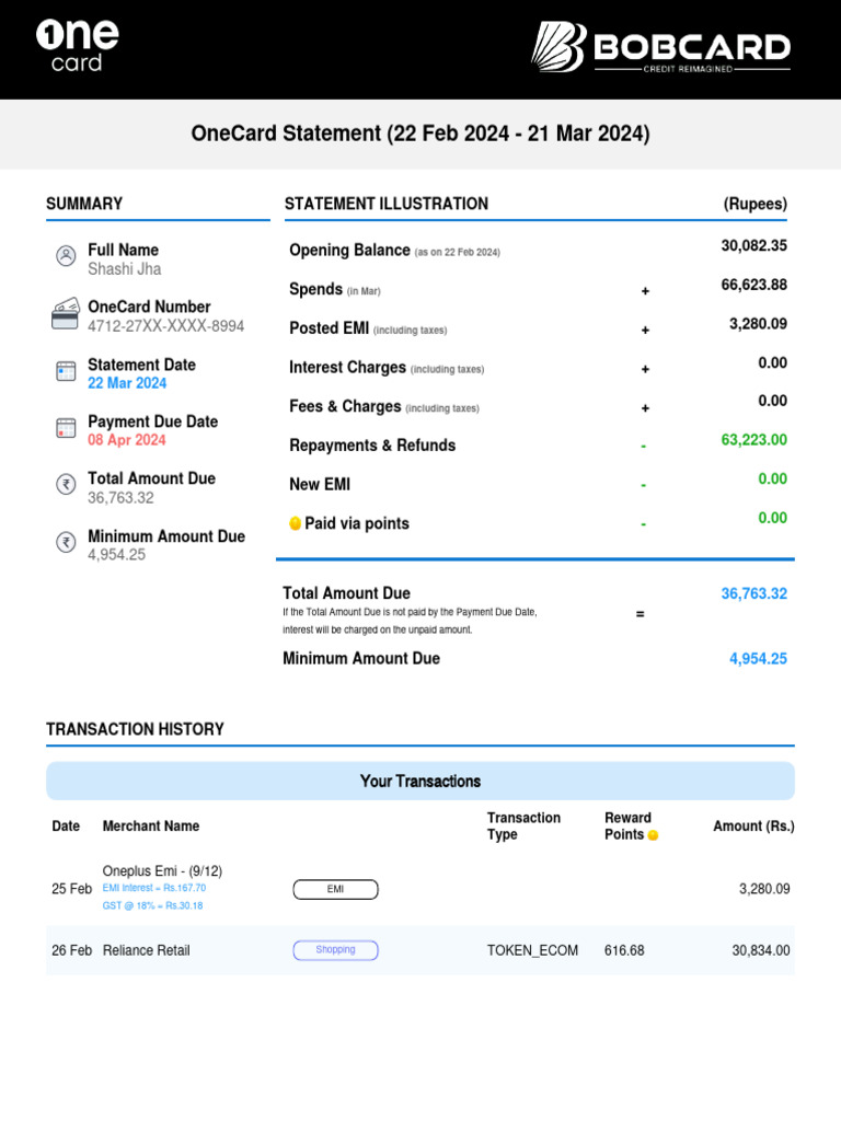 Onecard Statement (22 Feb 2024 - 21 Mar 2024) : Shashi Jha | PDF ...