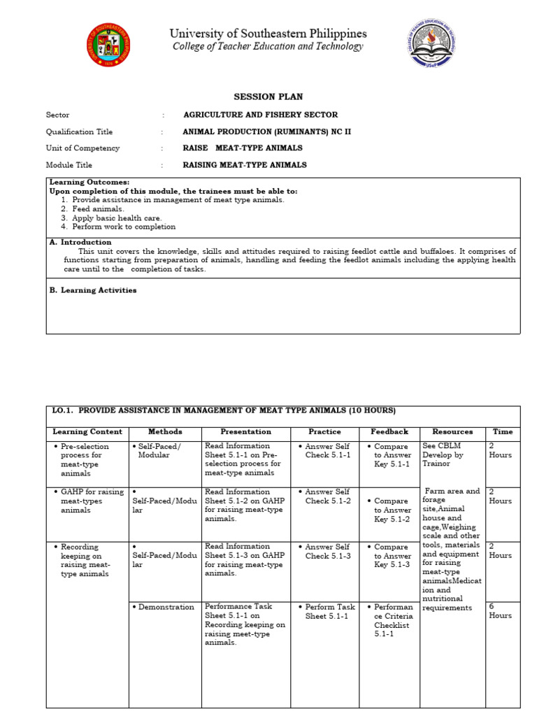 Session Plan for Animal Production NC II | PDF | Information | Meat