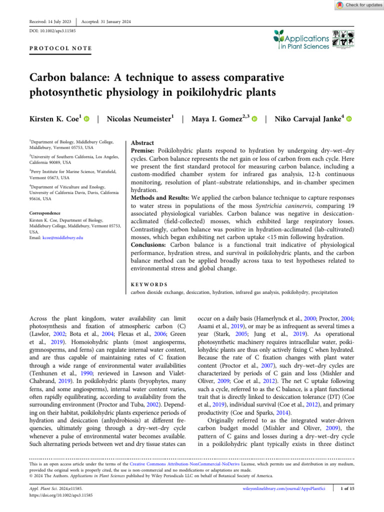 Appl Plant Sci - 2024 - Coe - Carbon balance A technique to assess comparative photosynthetic ...