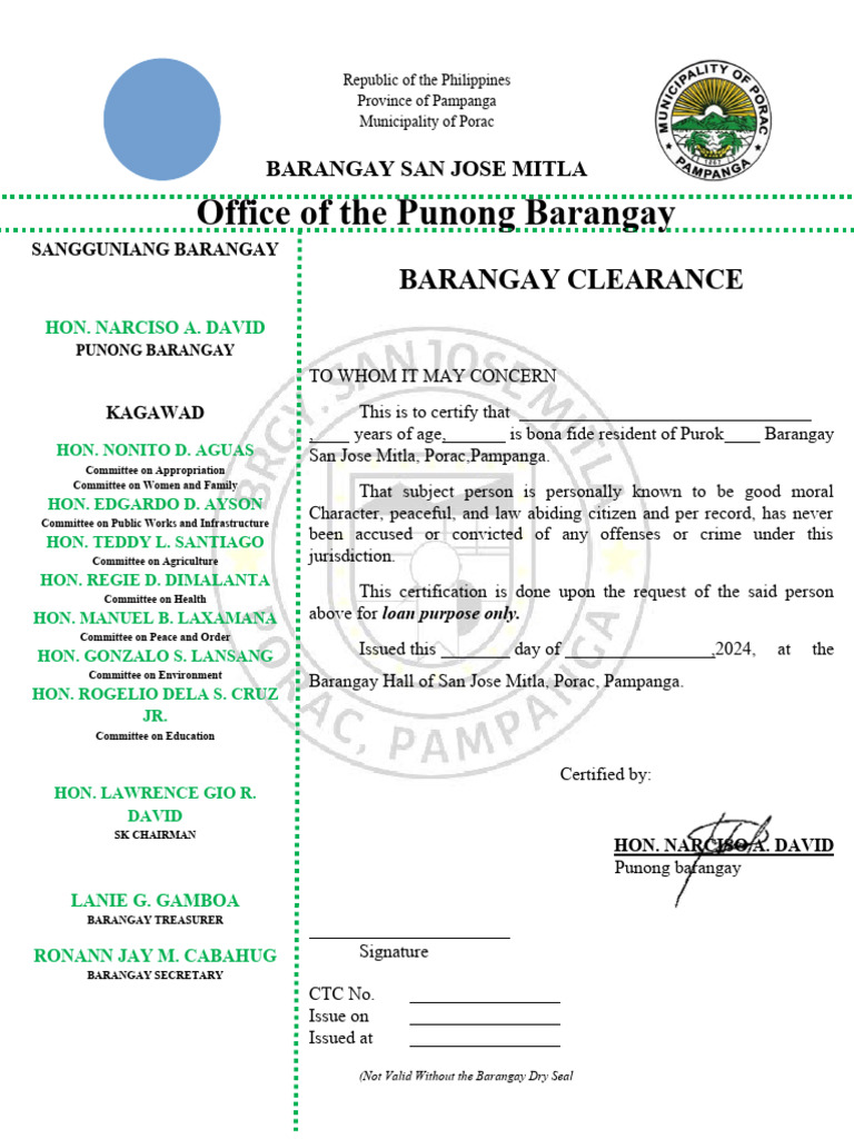 BARANGAY CLEARANCE (LOAN) | Download Free PDF | Government | Justice