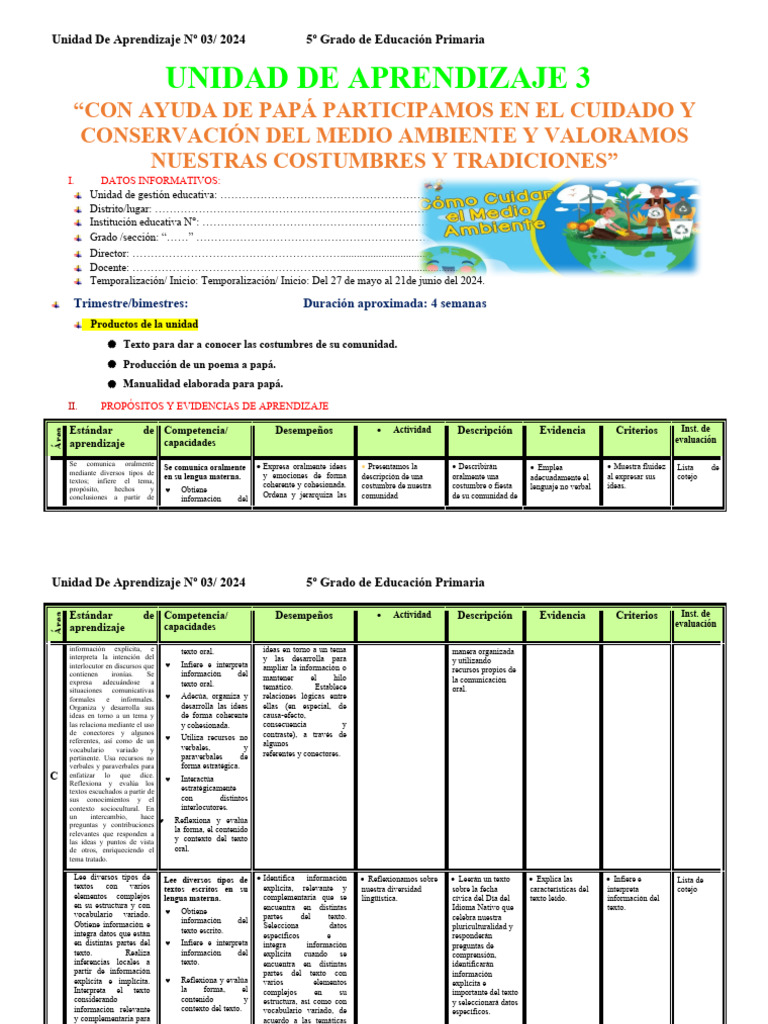 5° GRADO UNIDAD DE APRENDIZAJE 3 JUNIO 2024 | PDF | Multiplicación | Aprendizaje