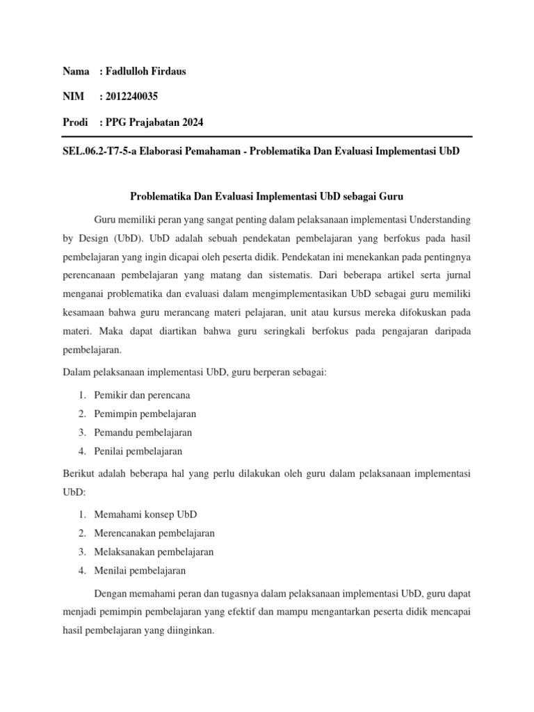 T7-5-A Elaborasi Pemahaman - Problematika Dan Evaluasi Implementasi UbD | PDF | Karier ...