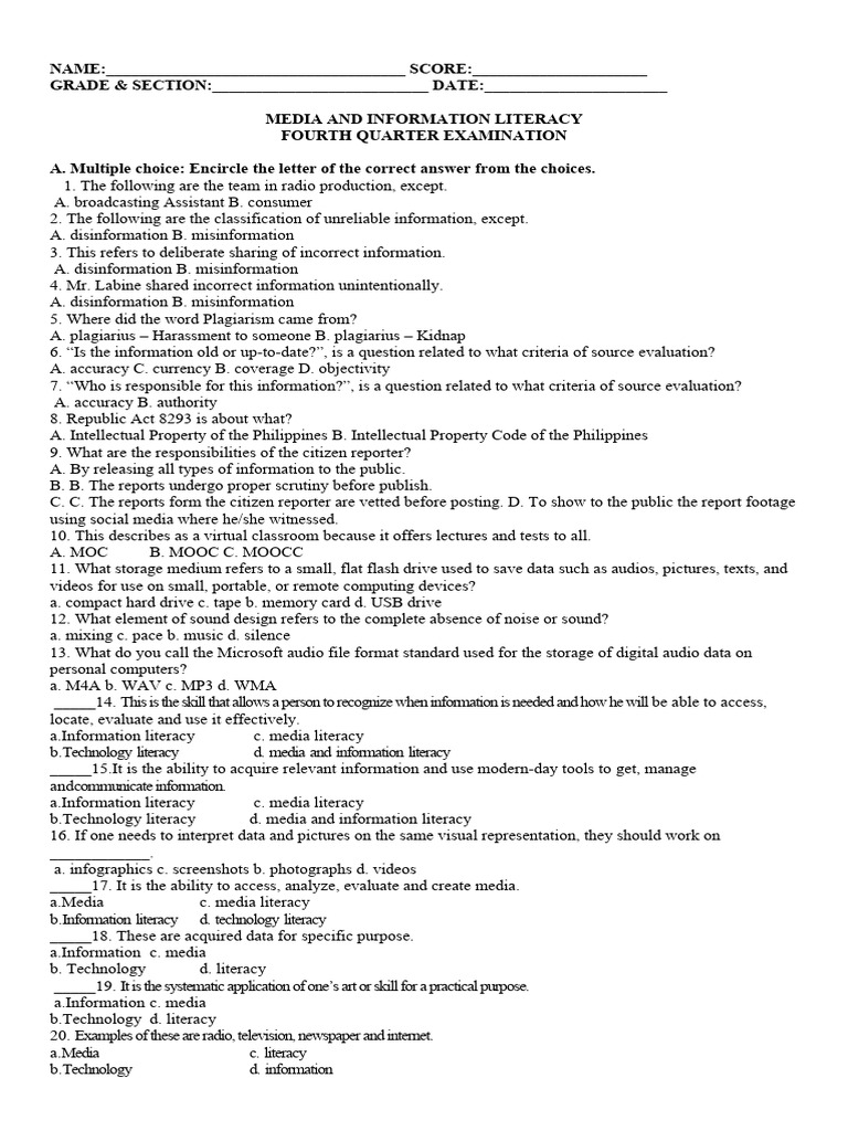 Test Paper Mil 4th Quarter | PDF | Information | Typefaces