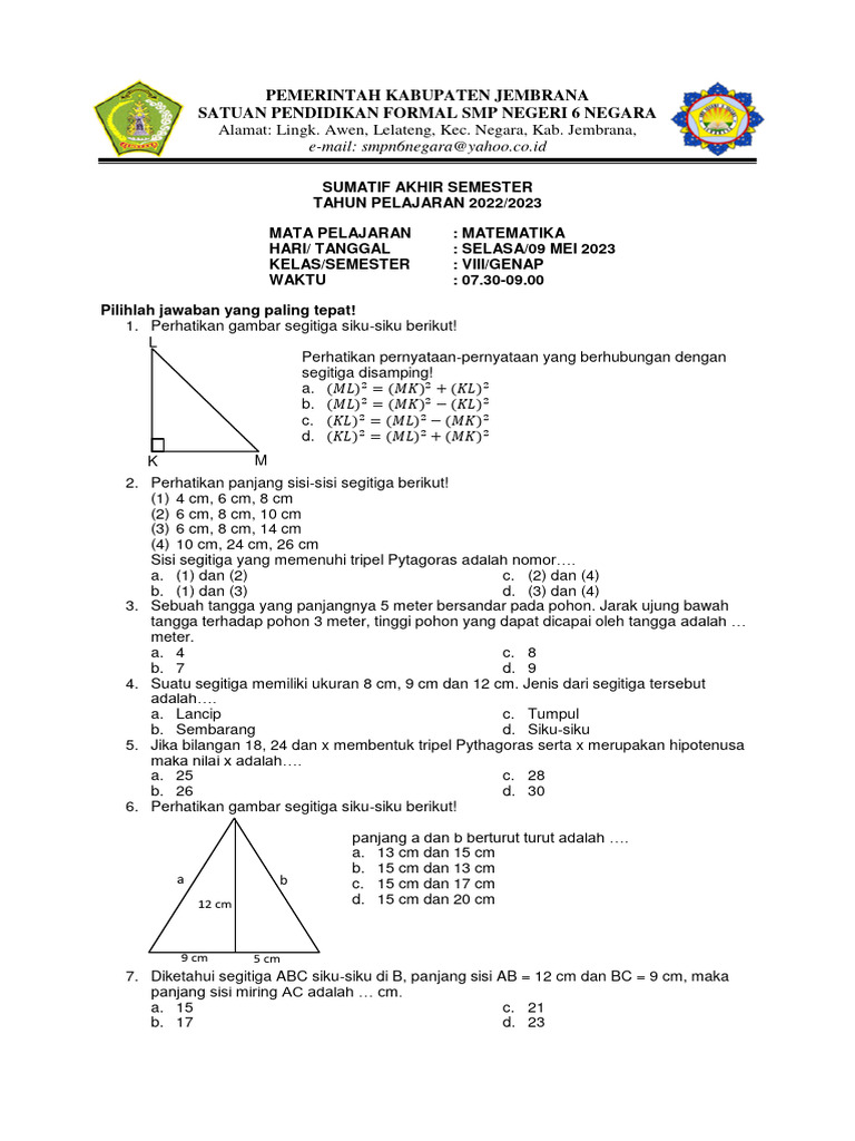 Soal Sas MTK 8 Genap 2022-2023 | PDF