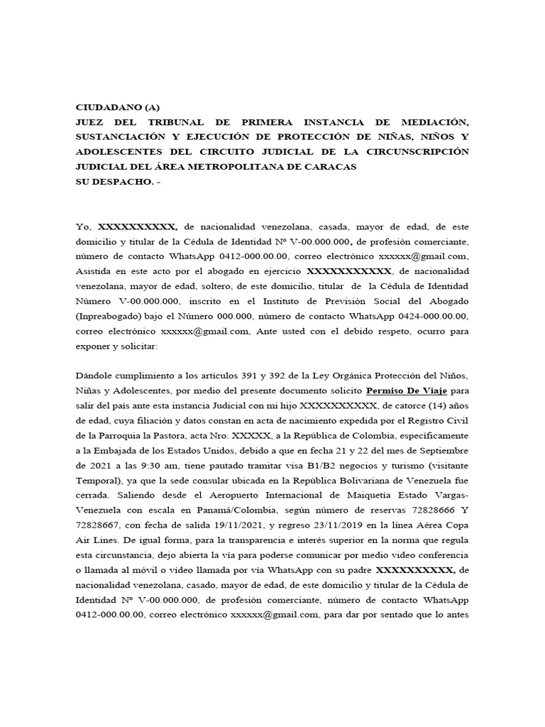 Modelo de Permiso de Viaje Ante Tribunales de Protección Con Solicitud ... Modelo de Permiso de Viaje Ante Tribunales de Protección Con Solicitud ...
