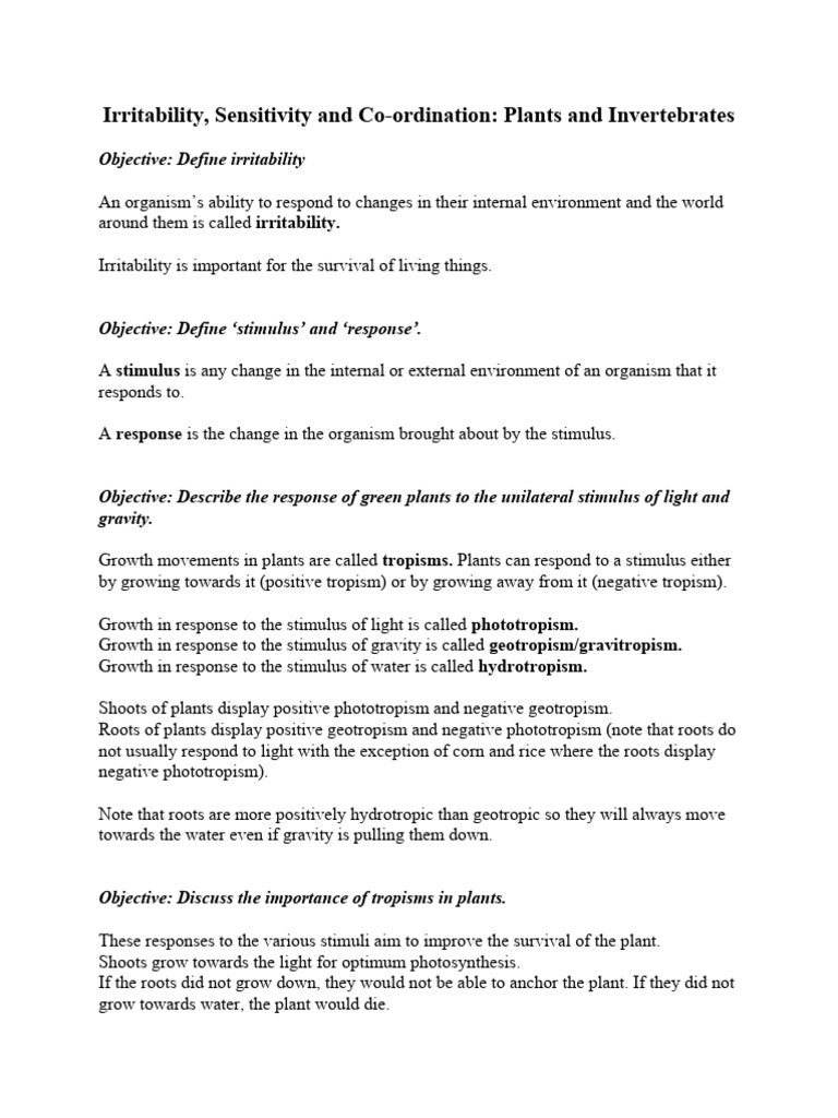 Irritability and Response in Organisms | PDF | Botany | Plants