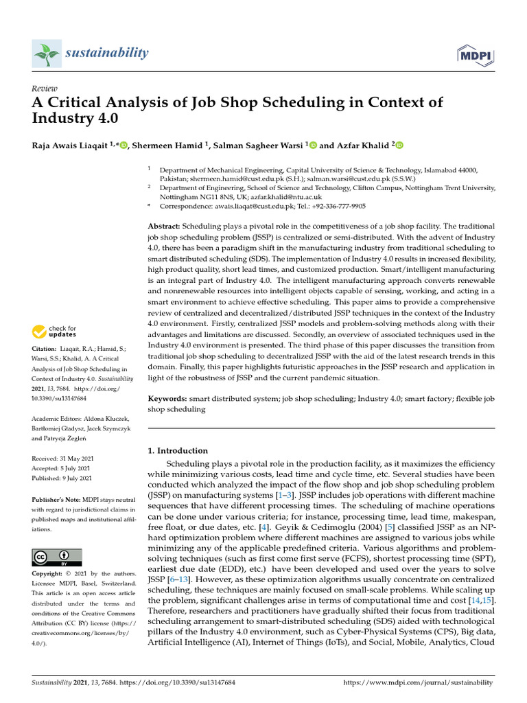 A Critical Analysis of Job Shop Scheduling in Context of Industry 4.0 ...