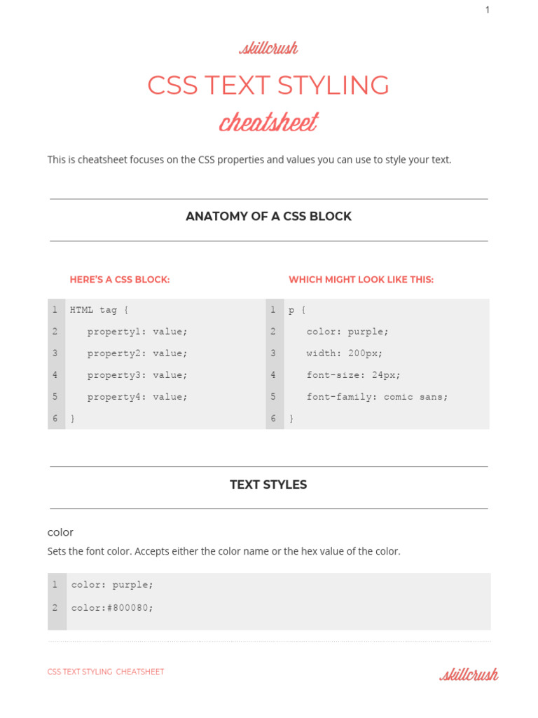 2 CSS Text Styling Cheatsheet | PDF | Typefaces | Typography 2 CSS Text Styling Cheatsheet | PDF | Typefaces | Typography