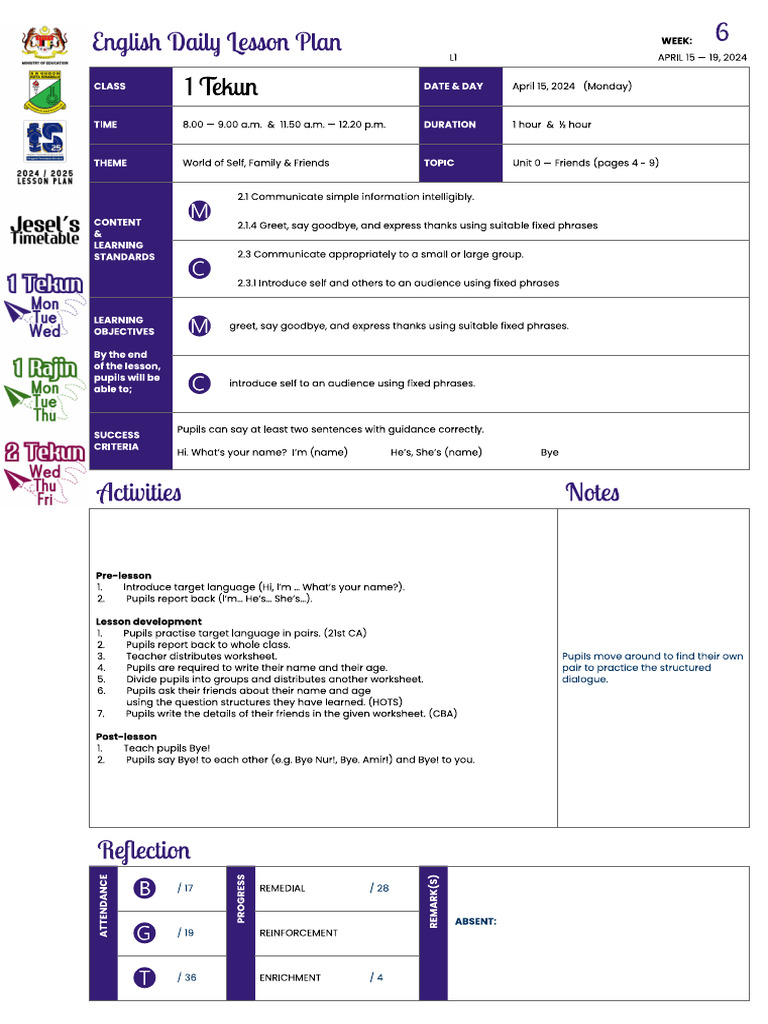 Lesson Plan Week 6 | PDF