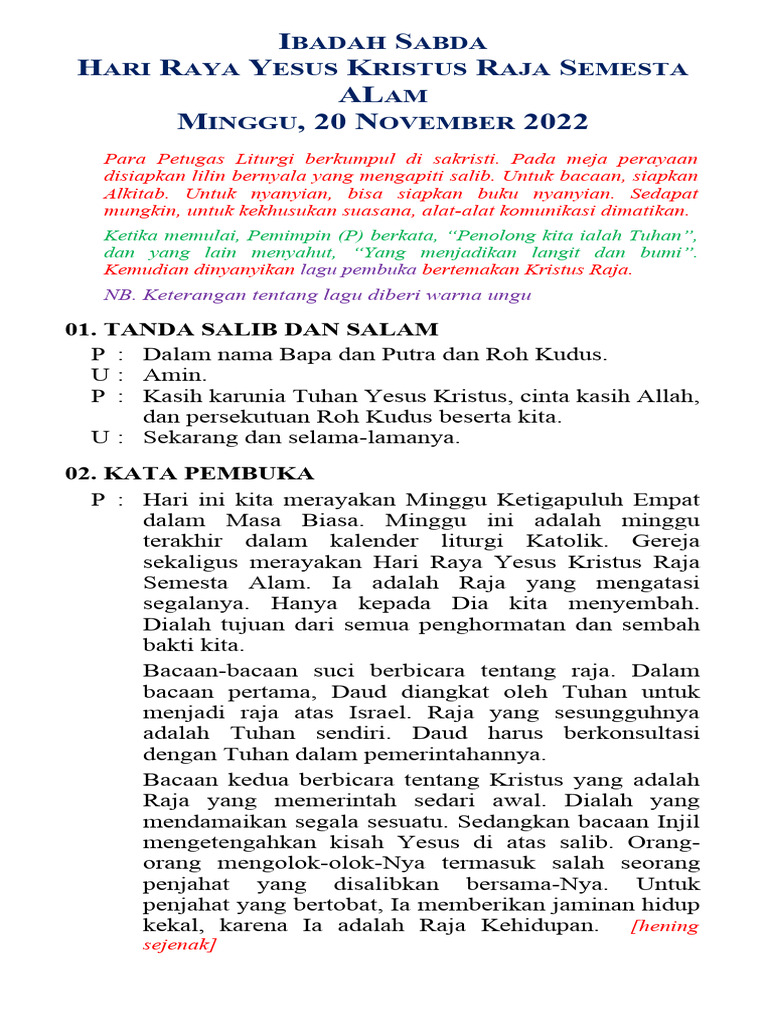 Ibadah Sabda Hari Raya Kristus Raja Semesta Alam 2022 | PDF