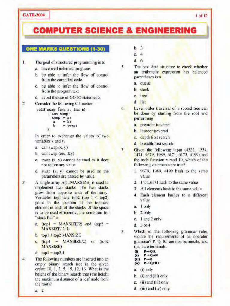 GATE 2004 Computer Science Questions | PDF | Algorithms And Data ...