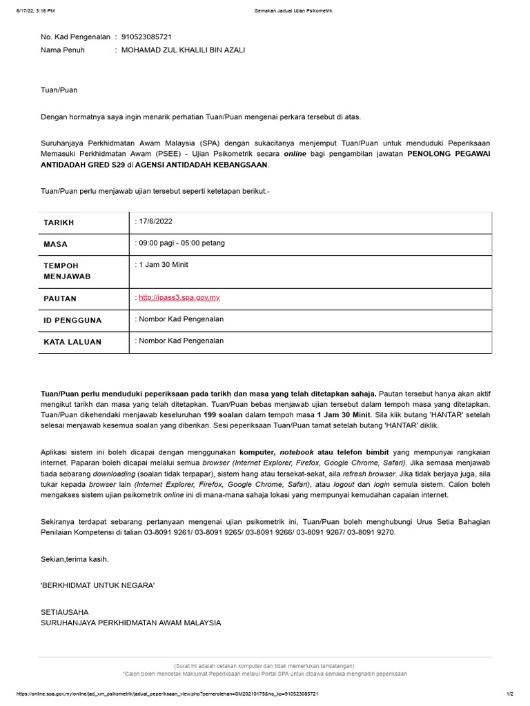 Semakan Jadual Ujian Psikometrik | PDF