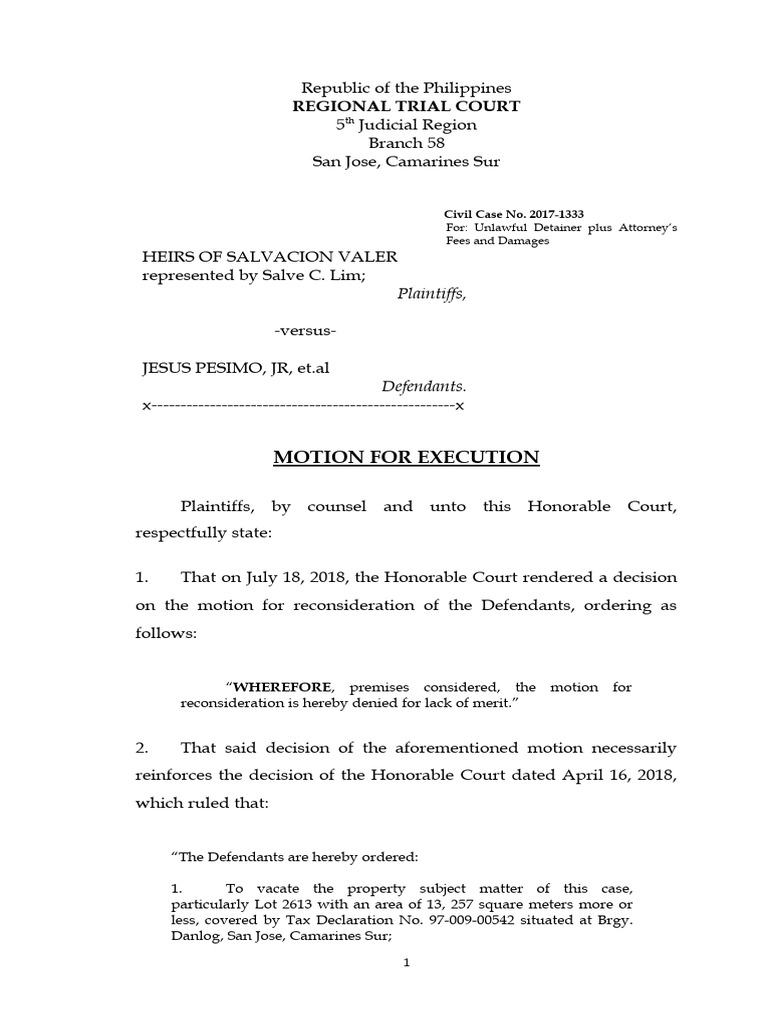 Motion-for-Execution | PDF | Summary Judgment | Appeal