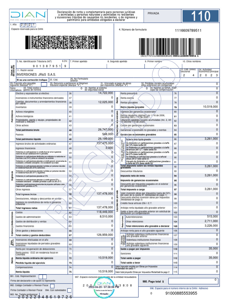 Renta Año 2021 Inversiones JR&S | PDF | Impuestos | Finanzas del gobierno