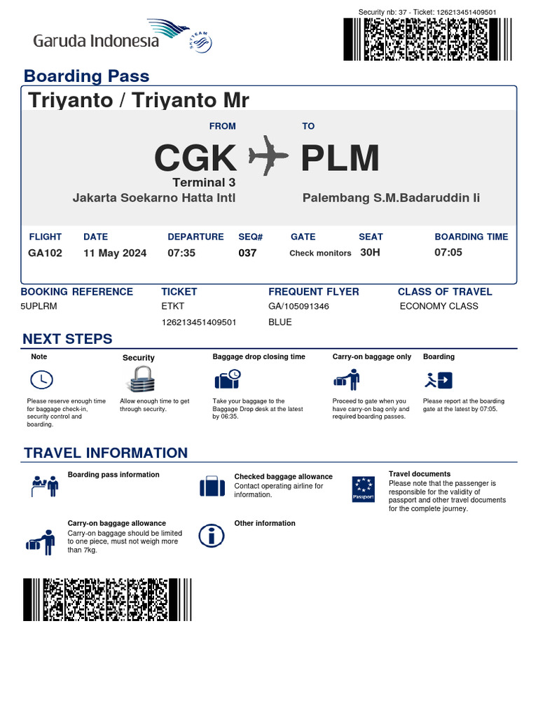 Your Boarding Pass To Palembang - GARUDA INDONESIA | PDF | Baggage ...