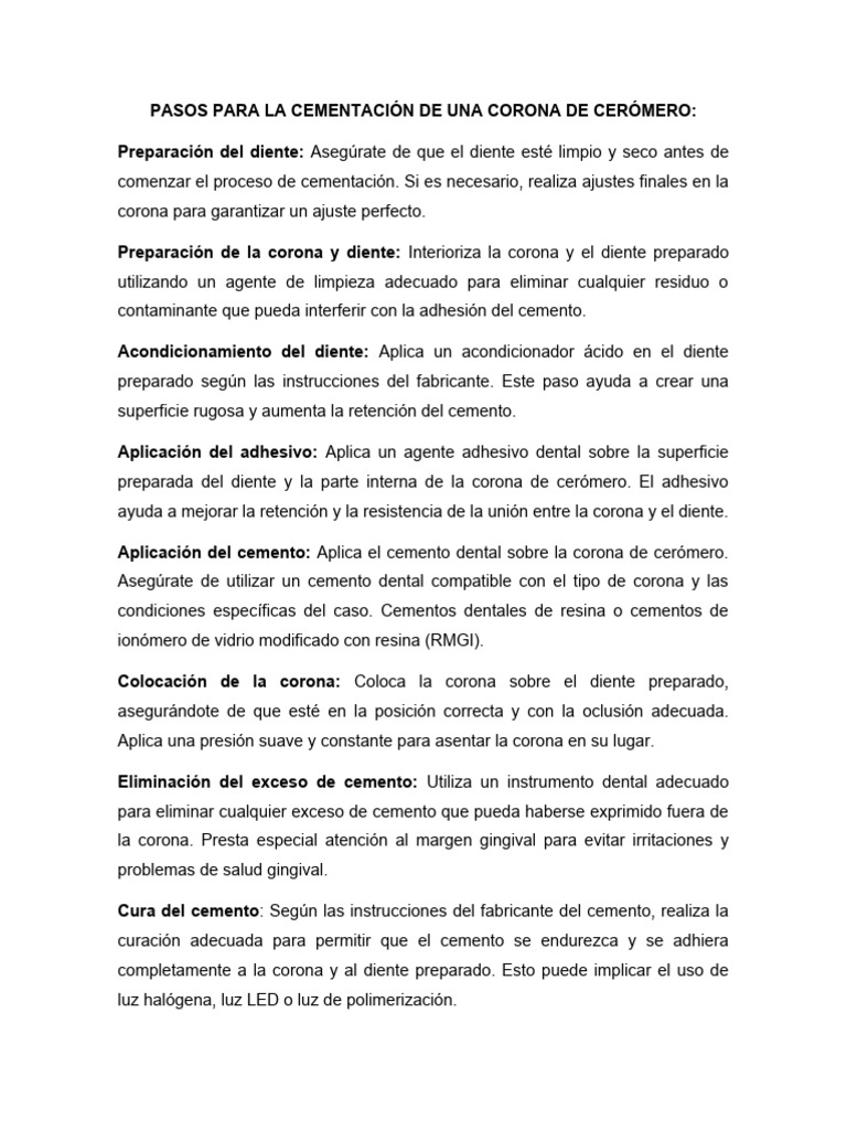 Pasos para La Cementación de Una Corona de Cerómero | PDF