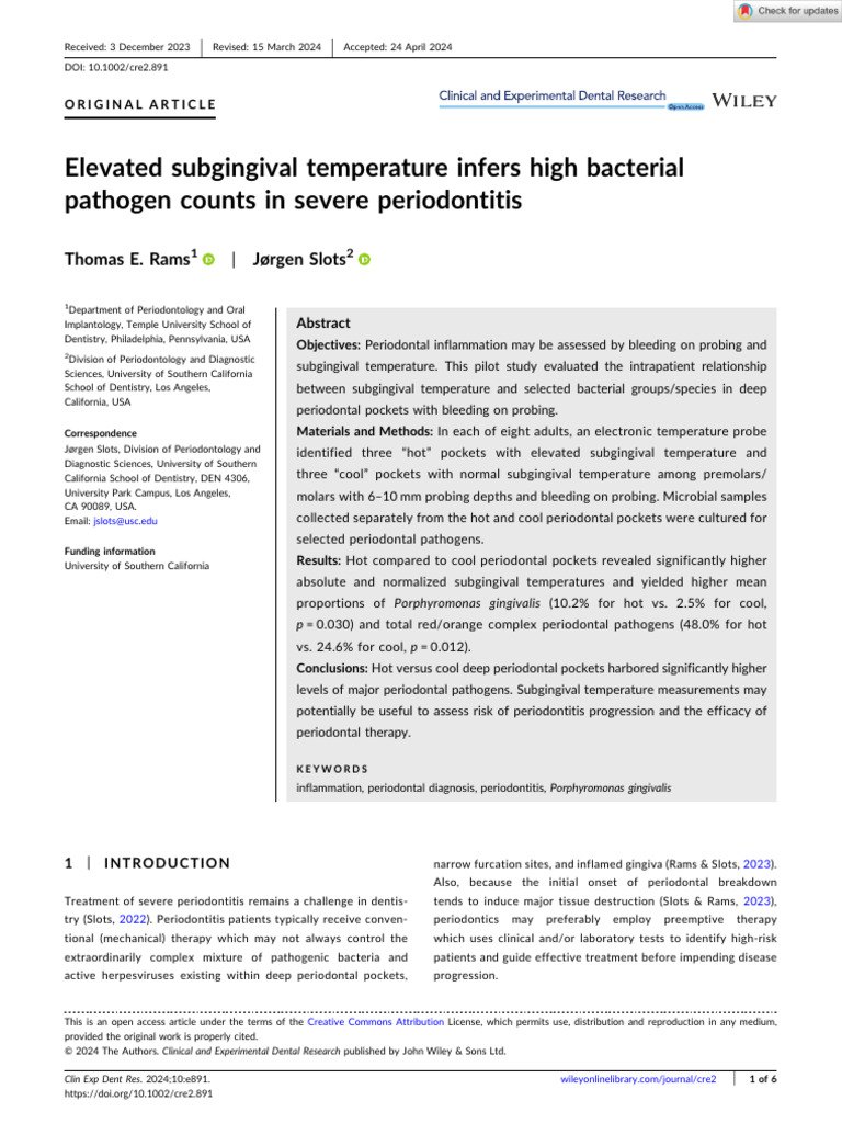 Clinical Exp Dental Res - 2024 - Rams - Elevated Subgingival Temperature Infers High Bacterial ...