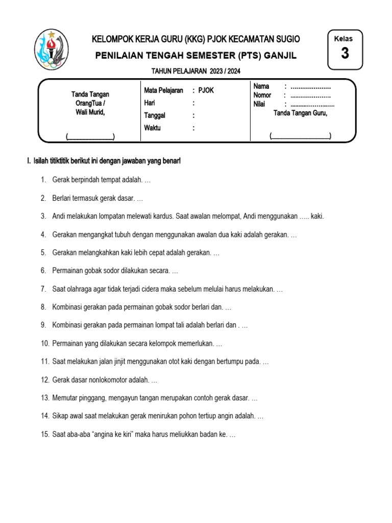 Soal Pjok KLS 3 PTS Ganjil 2023-2024 | PDF