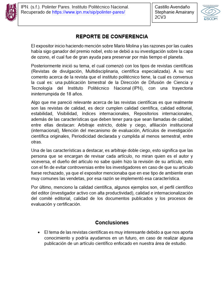 Reporte de Conferencia | PDF | Science