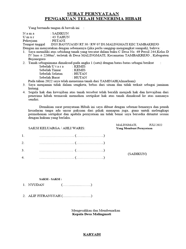 Surat Pernyataan Sepihak | PDF