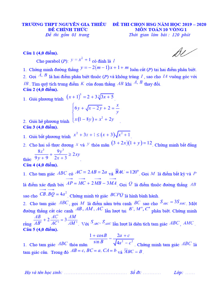 1 HSG Toan 10 2019 2020 Truong NGThieu - GV Ra de Nguyen Quoc Hoan | PDF
