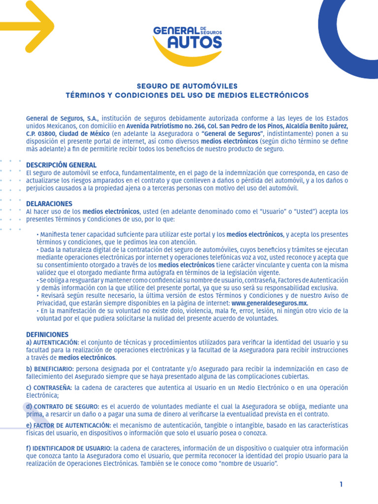 Terminos y Condiciones Del Uso de Medios Electronicos Autos | Descargar gratis PDF | Seguro ...