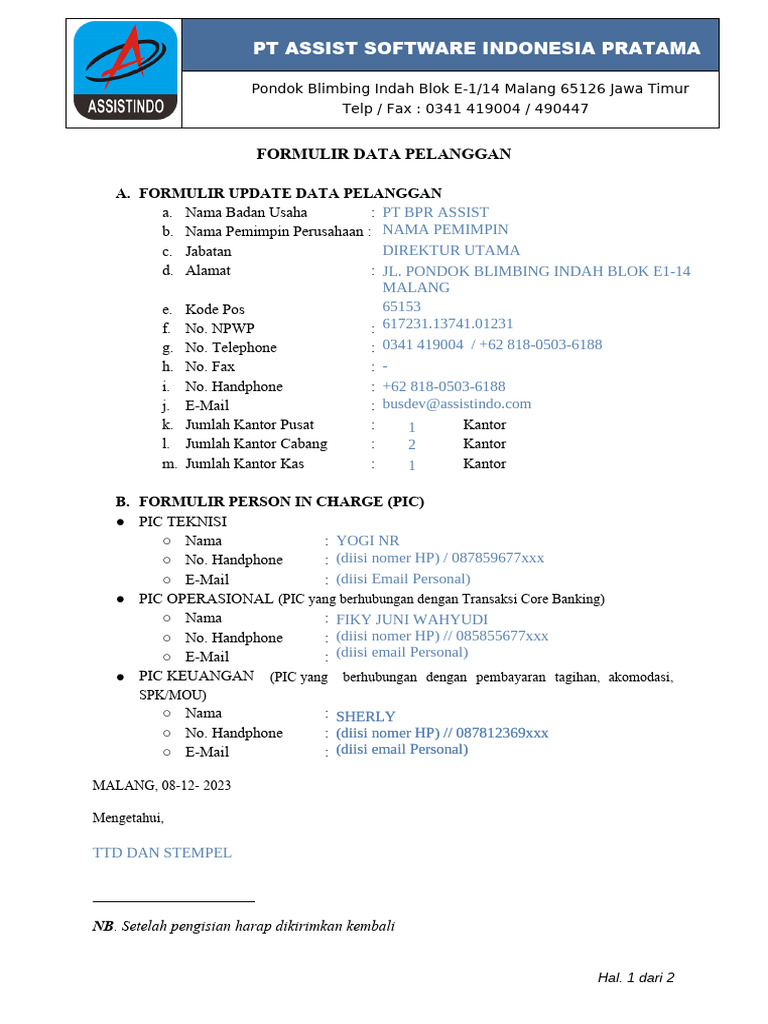 Formulir Data Pelanggan PT Assist | PDF