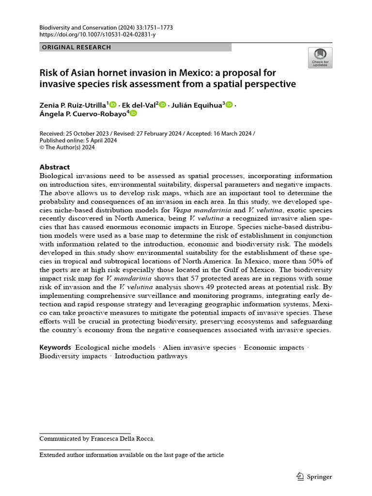 Risk of Asian hornet invasion in Mexico- a proposal for invasive species risk assessment from a ...