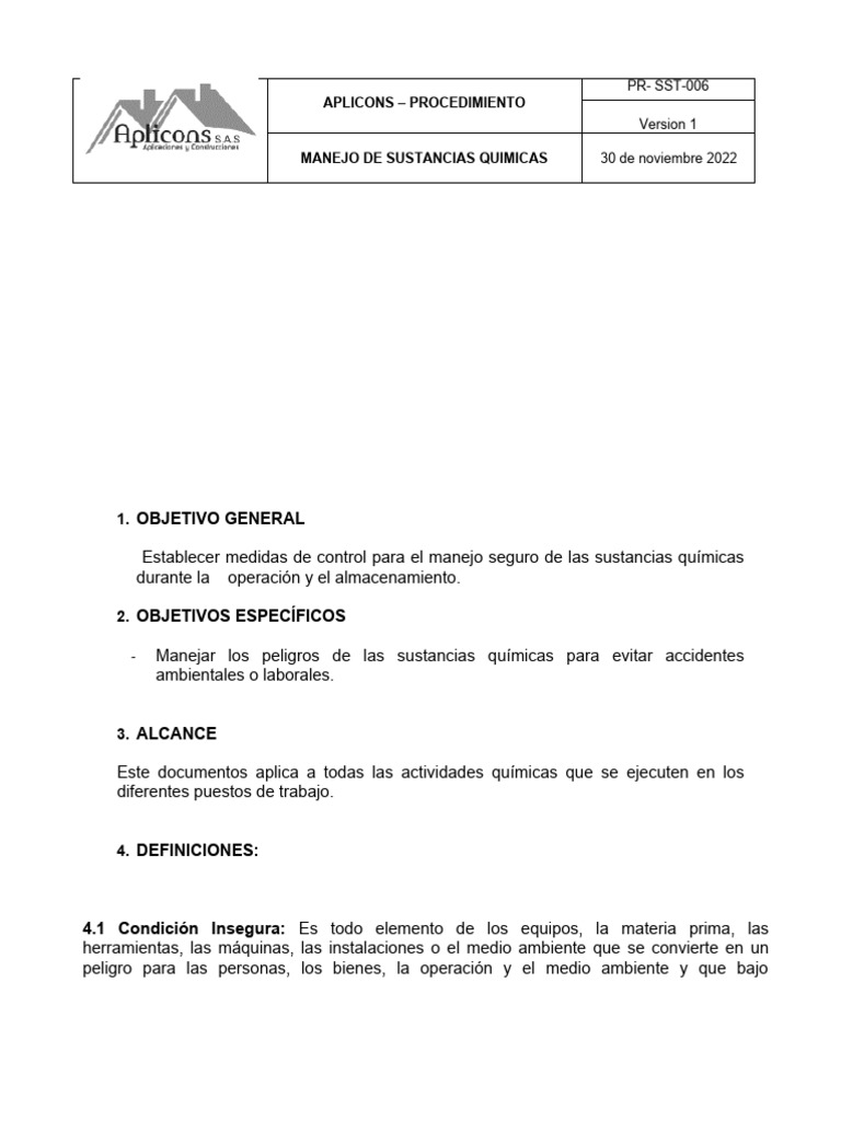 Procedimiento Manejo de Sustancias Quimicas | PDF | Agua | Fenómenos científicos