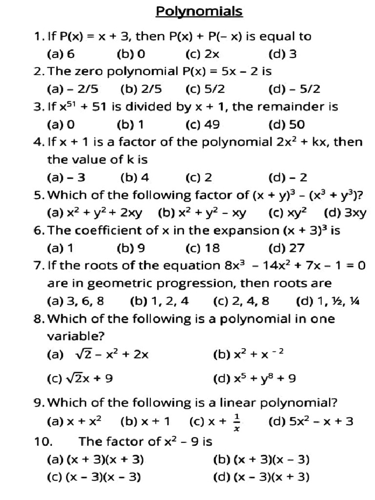 Polynomial MCQ | PDF | Polynomial | Zero Of A Function Polynomial MCQ | PDF | Polynomial | Zero Of A Function