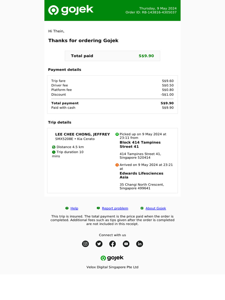 Gojek Trip Receipt - May 9, 2024 | PDF