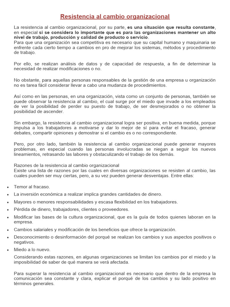 Resistencia al Cambio Organizacional | PDF | Gestión del cambio | Business