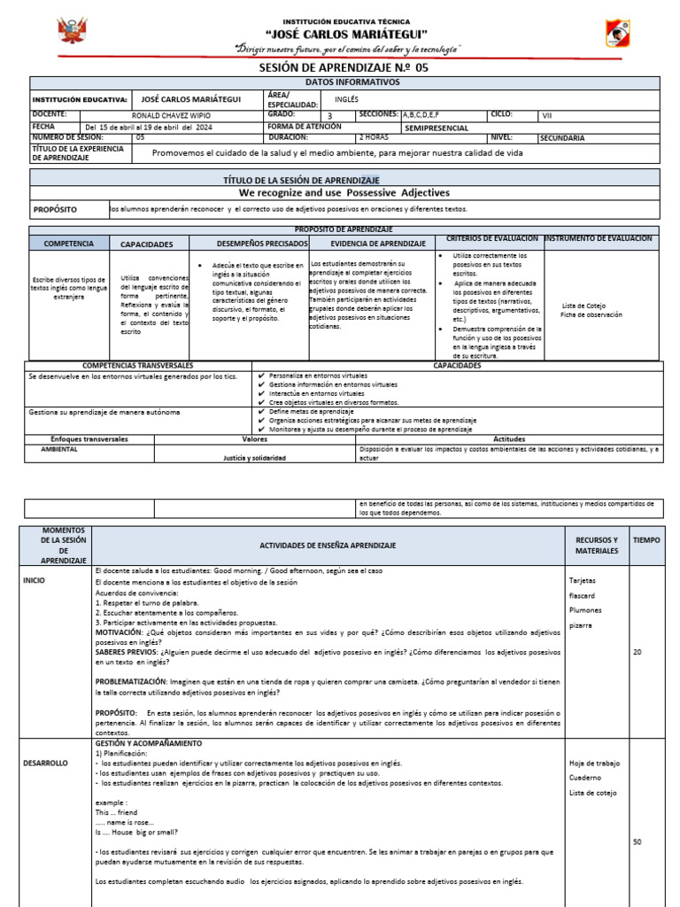 SESIÓN DE APRENDIZAJE N° 5 - 3 A, B, C, D, E, F Recognize Possevie | PDF | Aprendizaje | Evaluación
