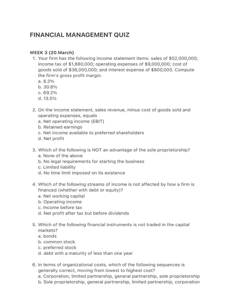 Week 3 Financial Management Quiz | PDF | Dividend | Net Income