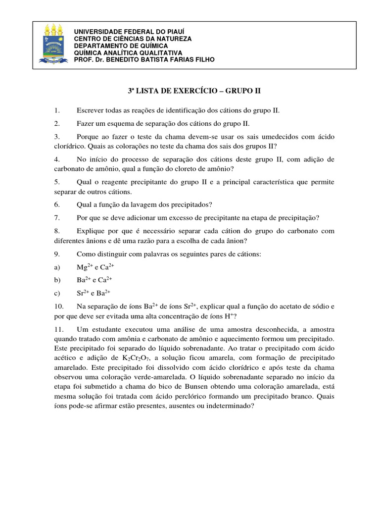 3a. Lista de Exercícios - GRUPO II | PDF