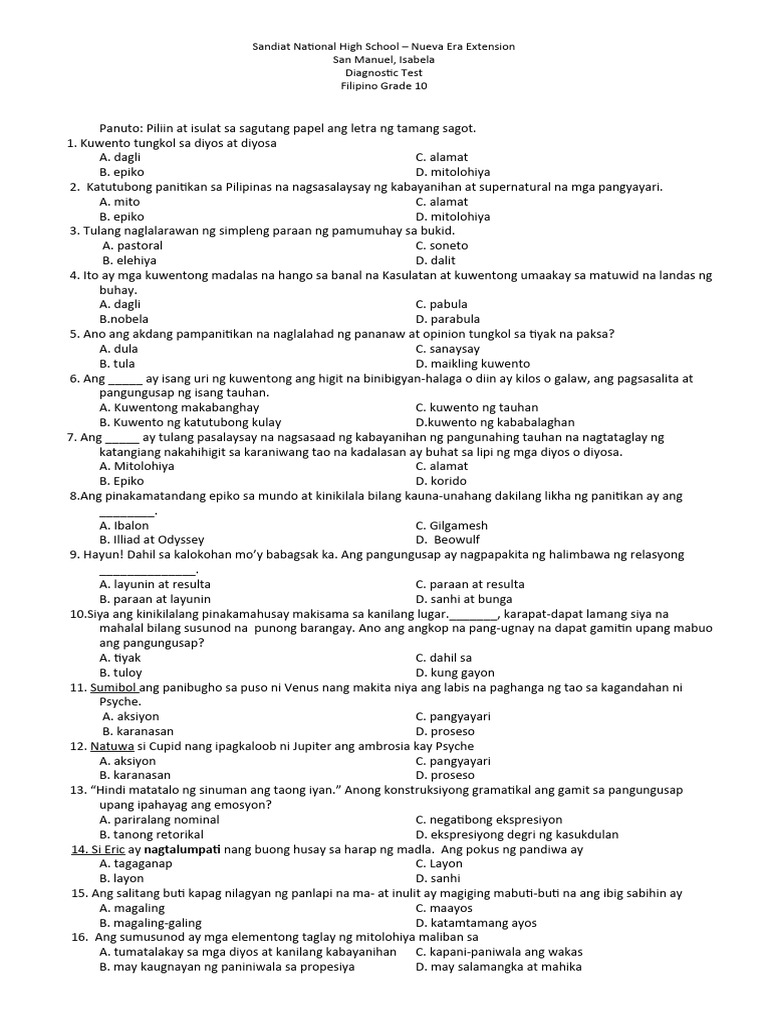 Diagnostic Test Grade 10 | PDF
