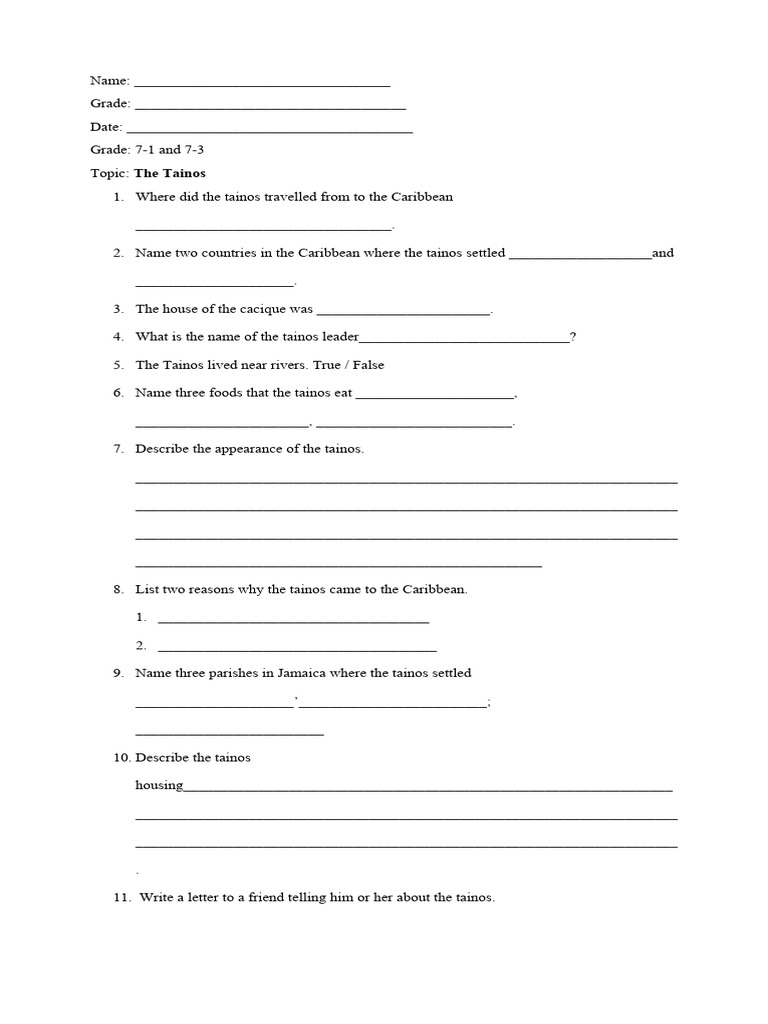 Tainos Worksheet | PDF