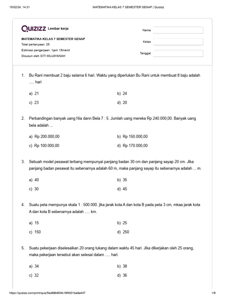 MATEMATIKA KELAS 7 SEMESTER GENAP - Quizizz | PDF