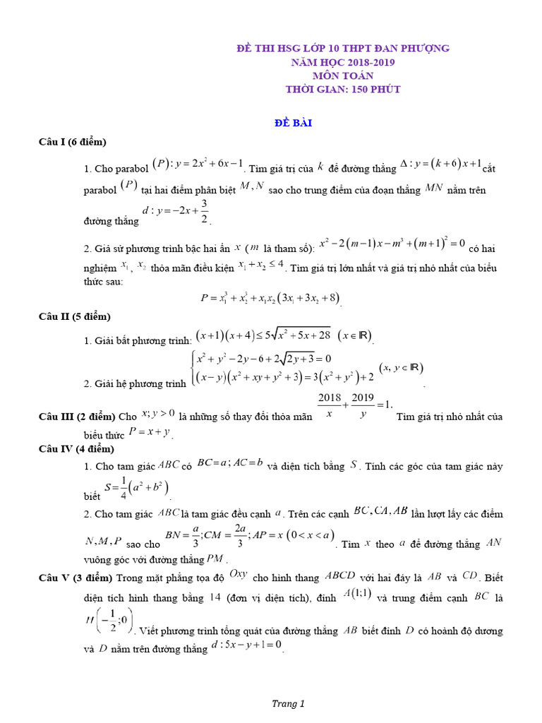 11 HSG Toan 10 Truong THPT Dan Phuong Nam Hoc 2018-2019 | PDF