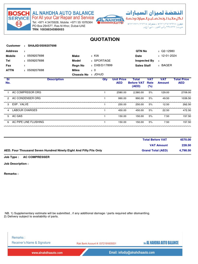 Kia Sportage AC Repair Quotation | PDF
