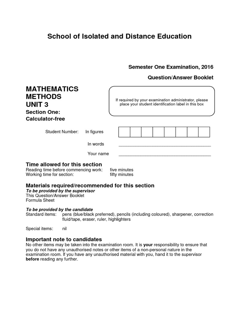 Semester 1 Exam and Solutions 2016 | PDF | Velocity | Equations