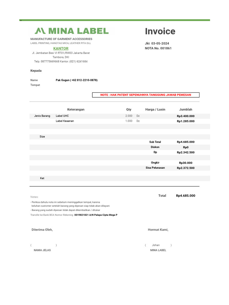 Invoice Label Garment Accessories | PDF