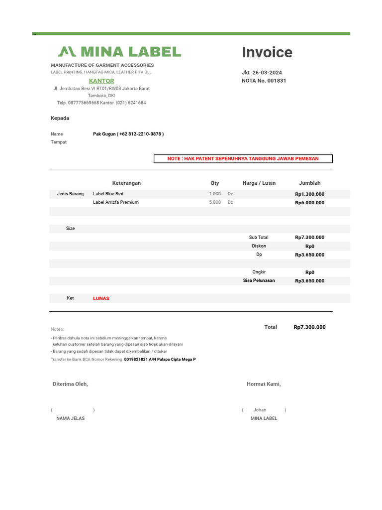 Invoice Label 26 Maret 2024 | PDF