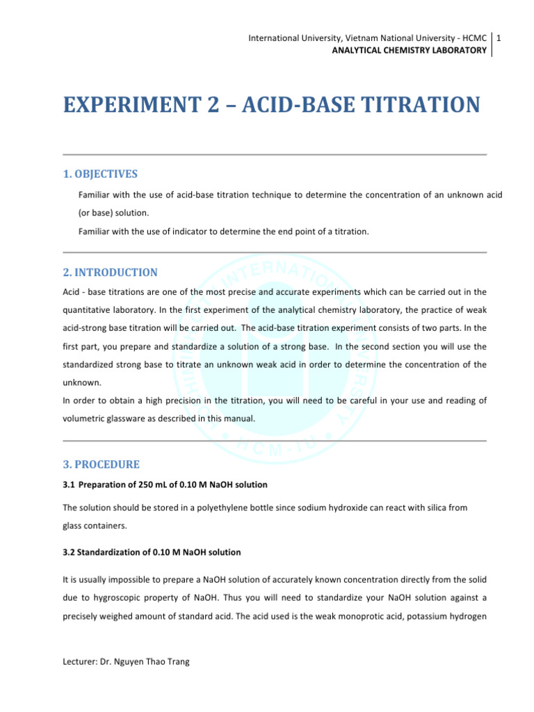 Instruction - Expt. 2-Acid Base Titration | PDF | Titration | Chemistry