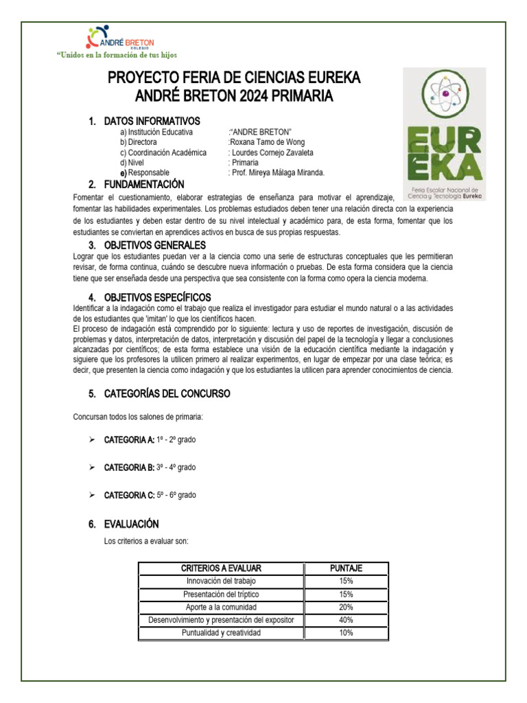 PROYECTO FERIA DE CIENCIAS EUREKA 2024-3ERGRADO | PDF | Aprendizaje ...