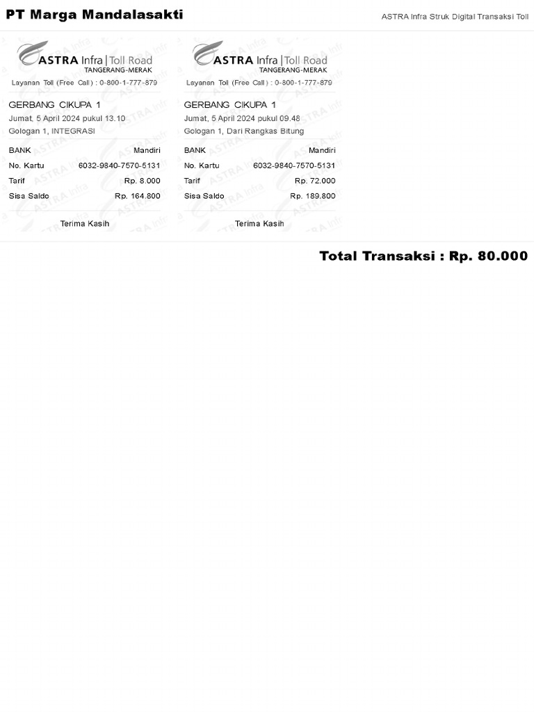 ASTRA Infra Struk Digital Transaksi Toll - 202445163227 | PDF