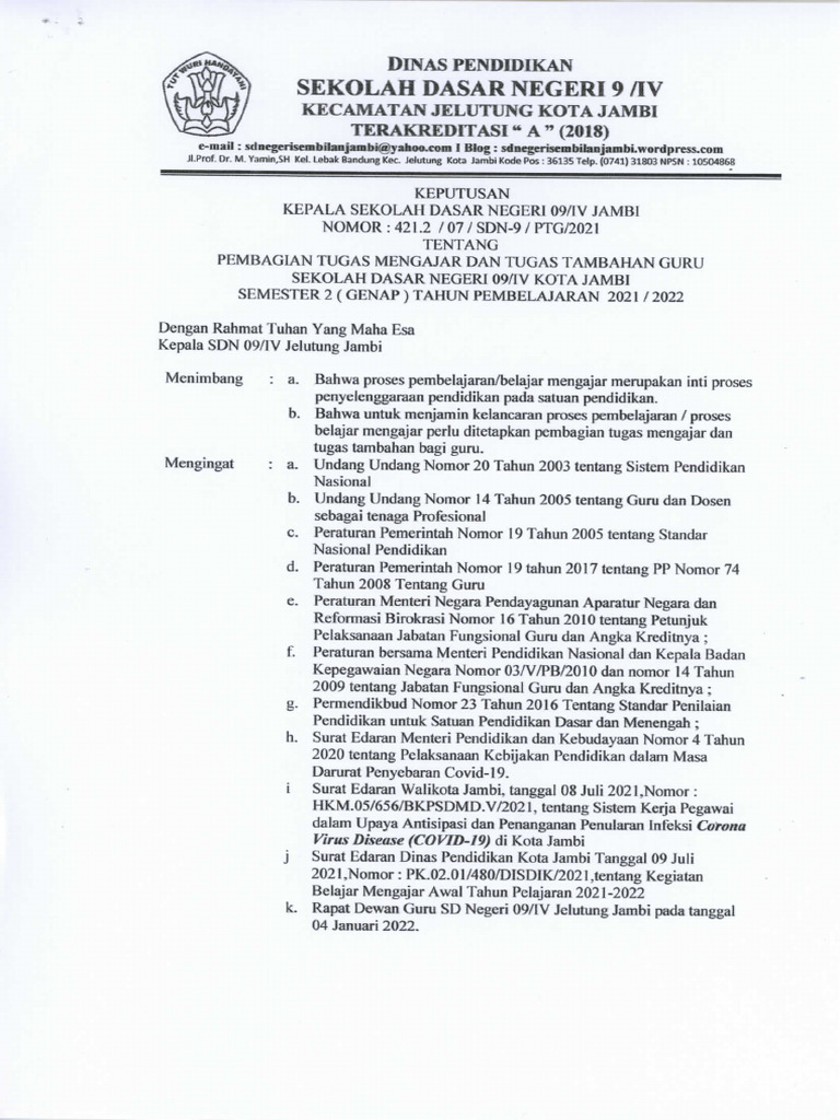 SK Pembagian Tugas Mengajar Sem2 21-22 003 | PDF