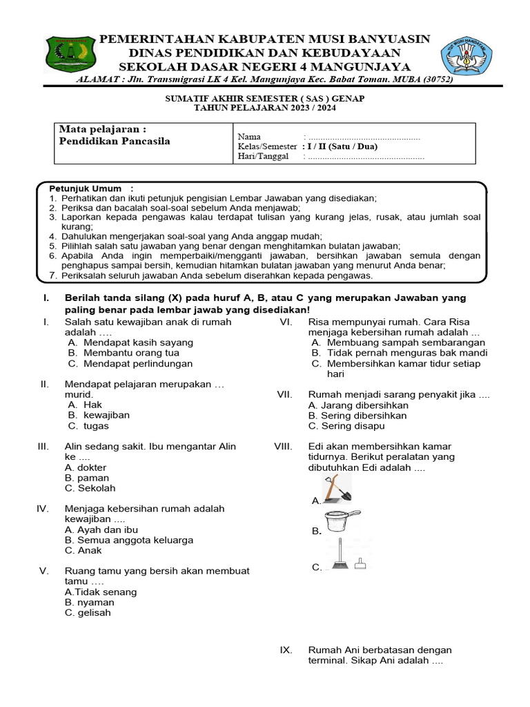 Soal Sat Kelas 1 T.P 2023-2024 | PDF