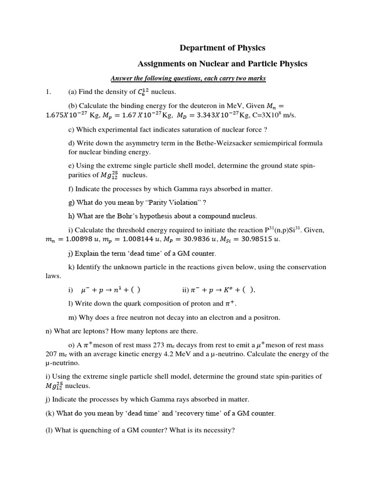 Assignments On Nuclear and Particle Physics Full Syllabus | PDF ...