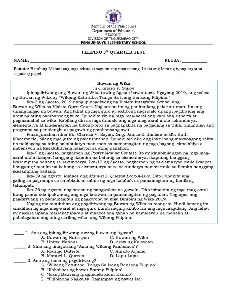 3rd Quarter FILIPINO 2023 | PDF